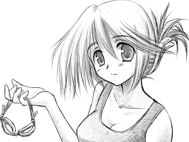 Safebooru - 1girl blush breasts cleavage folded ponytail goggles hair ornament hairclip komaki ...